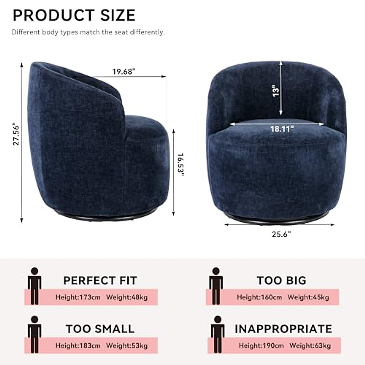 FOXHUNTER Swivel Barrel Chair, Small Swivel Accent Chair Comfy Round 360° Chenille Swivel Chair for Living Room Modern Round Accent Arm Chairs for Living Room Bedroom Nursery, Blue