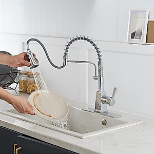 BWE Kitchen Faucet with Pull Down Sprayer, Brushed Nickel, High Arc Single Handle, One Hole, Spring, Commercial RV 3 Functions, Brass Gooseneck with Deck Plate, Fregaderos de Cocina