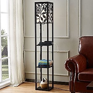 Floor Lamp with Shelves -Shelf Floor Lamp with 2 USB Charging Ports & Electric Outlet - Tall & Narrow Tower Nightstand for Living Room & Bedroom - Modern, Asian End Table with Light Attached