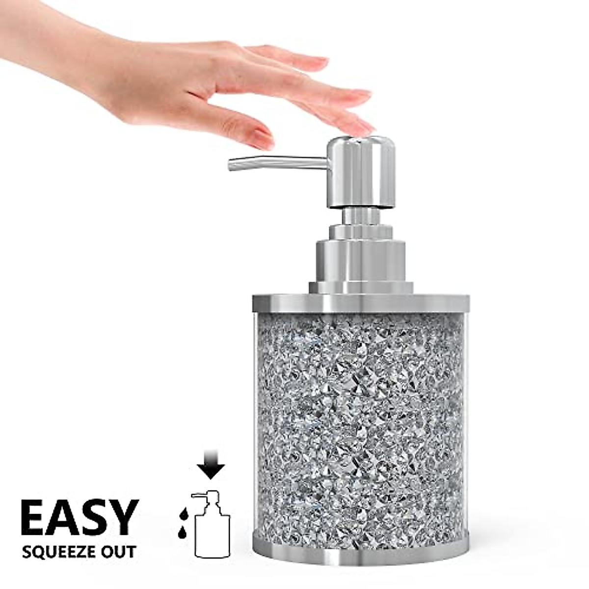 SHYFOY Bathroom Accessories Set, 3 Piece Silver Crystal Diamond Bathroom Accessory Decor Sets, Glass Bath Restroom Set Vanity Organizer Includes Soap Dispenser, Toothbrush Holder, Soap Dish