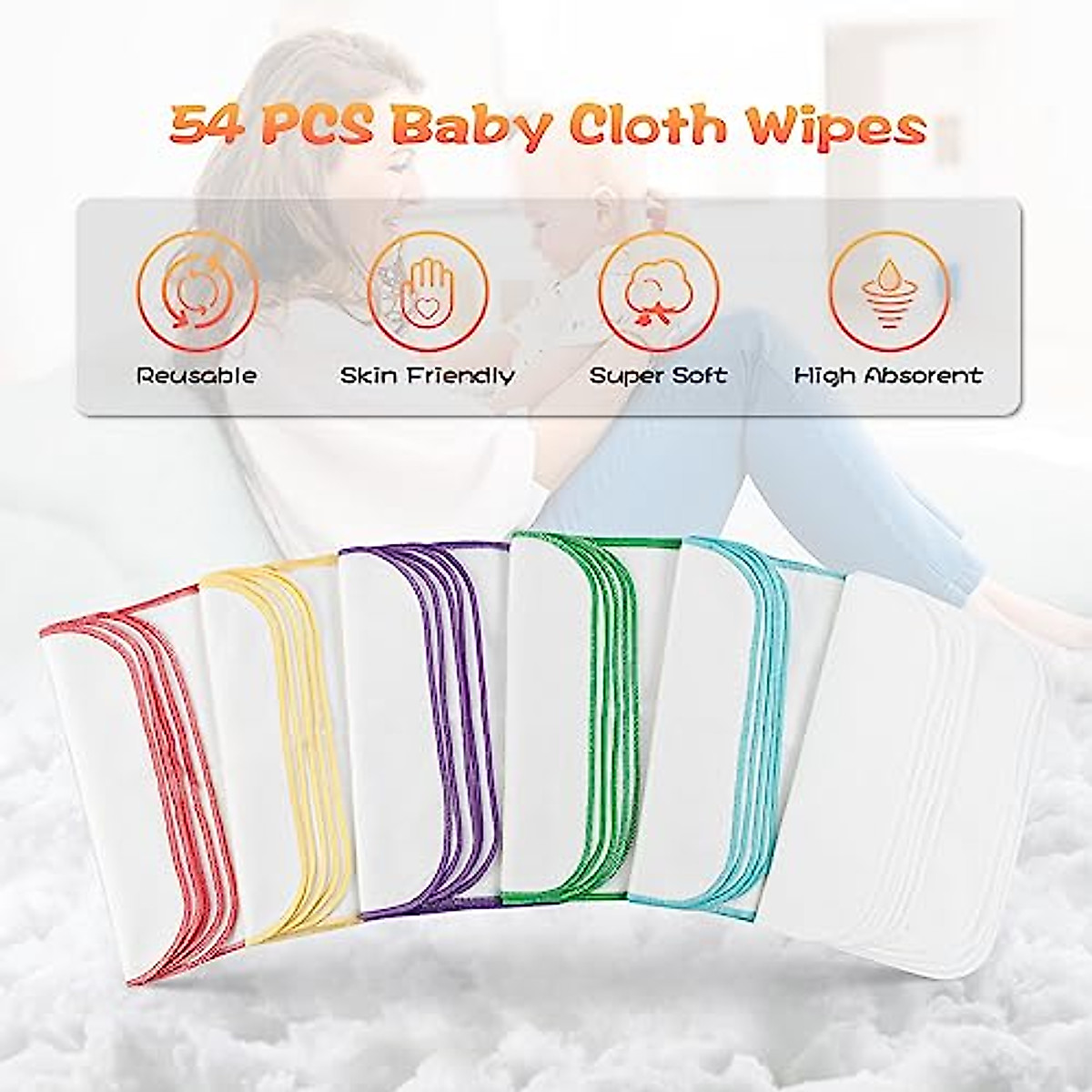 FAMOPLY 54 Pack Flannel Cloth Baby Wipes with Blue Wipes Dispenser, Reusable natural skin-friendly Baby Wipes, Body Face Hand Washcloth Essential for Cloth Diapers 8x8 inch