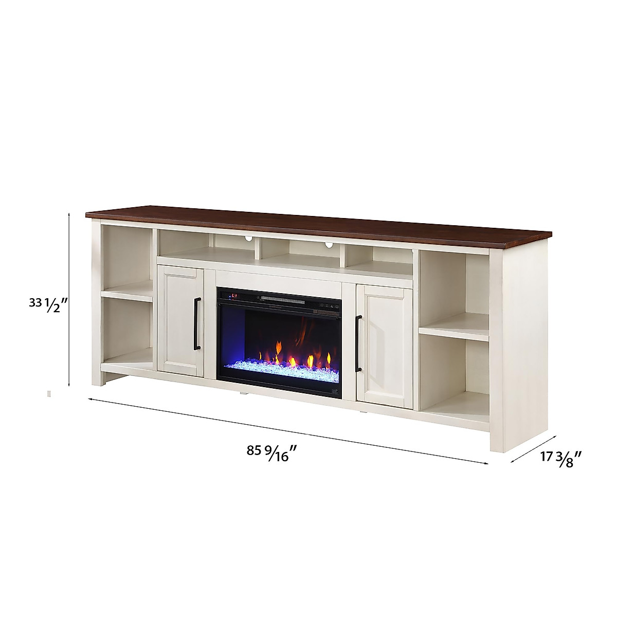 Bridgevine Home Modern 85 Inch Electric Fireplace TV Console. Accommodates TVs up to 95 inches. Fully Assembled. Poplar Solids and Okume Veneers. Jasmine Whitewash and Whiskey Finish.