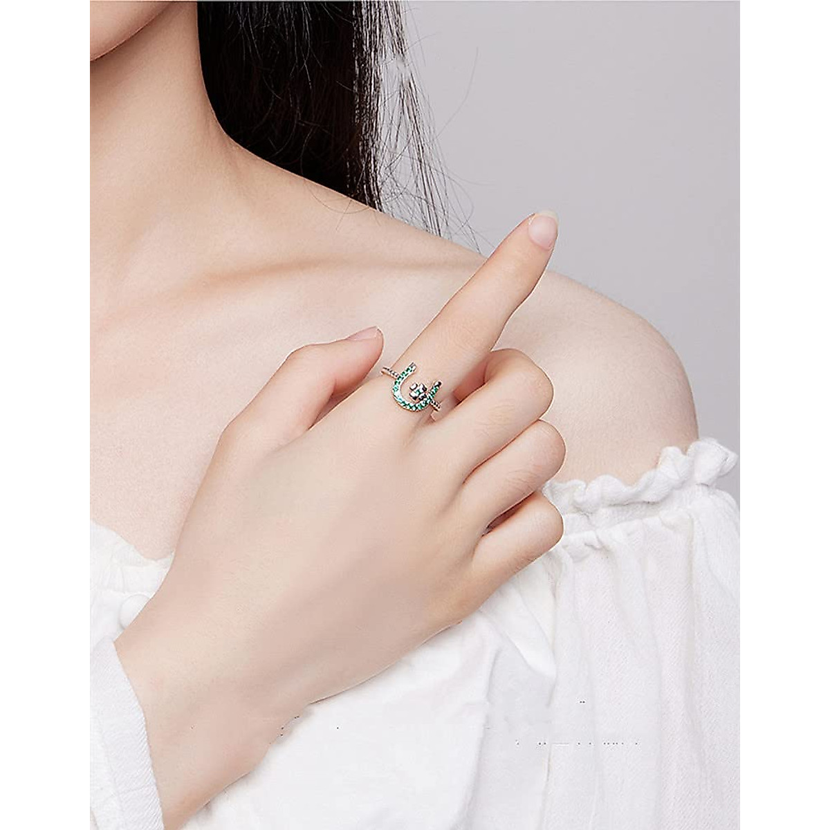 CZ Horseshoe 925 Sterling Silver Ring for Women Love U Clover Flower Adjustable Twisted Open Band Finger Rings Comfort Fit Fashion Cute Green Crystal Jewelry Gift for Birthday Christmas St. Patrick's Day