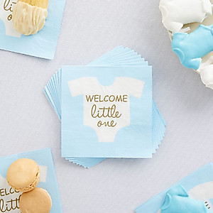 BLUE PANDA 100-Pack “Welcome Little One” Baby Shower Napkins for Boys - Gold Foil Gender Reveal Decorations - Light Blue (5x5 In) - Welcome Little One Napkins - Baby Boy Napkins