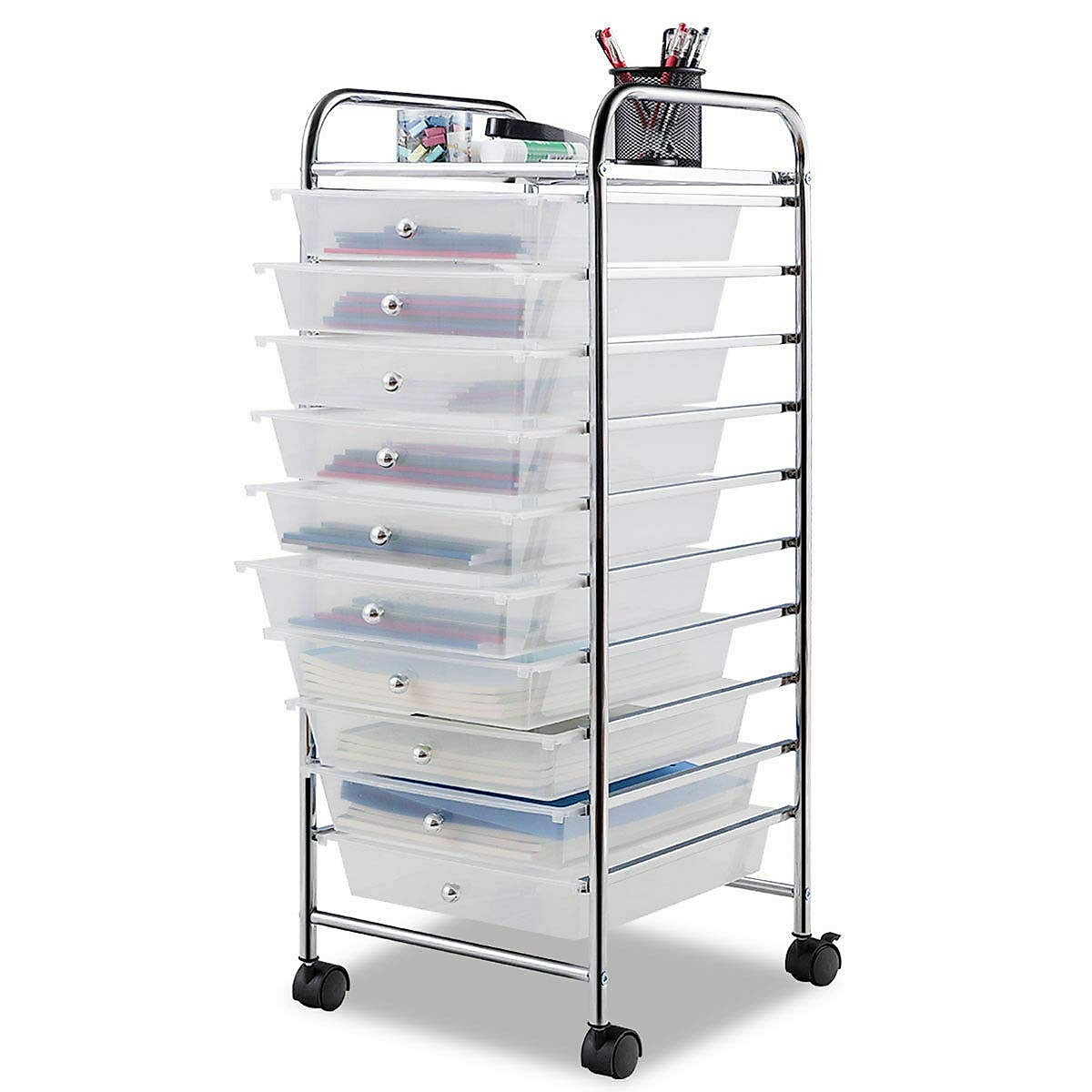 10 Drawer Storage Cart Rolling Cart File Scrapbook Paper Mobile Organizer for School Office (Clear)