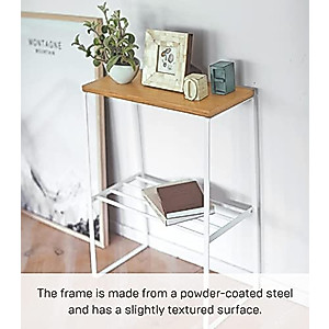 Yamazaki Home Narrow Living Room End Table - Slim Side Storage Shelf Stand Furniture Metal and Wood Modern Skinny Accent Table Steel + WoodWhite