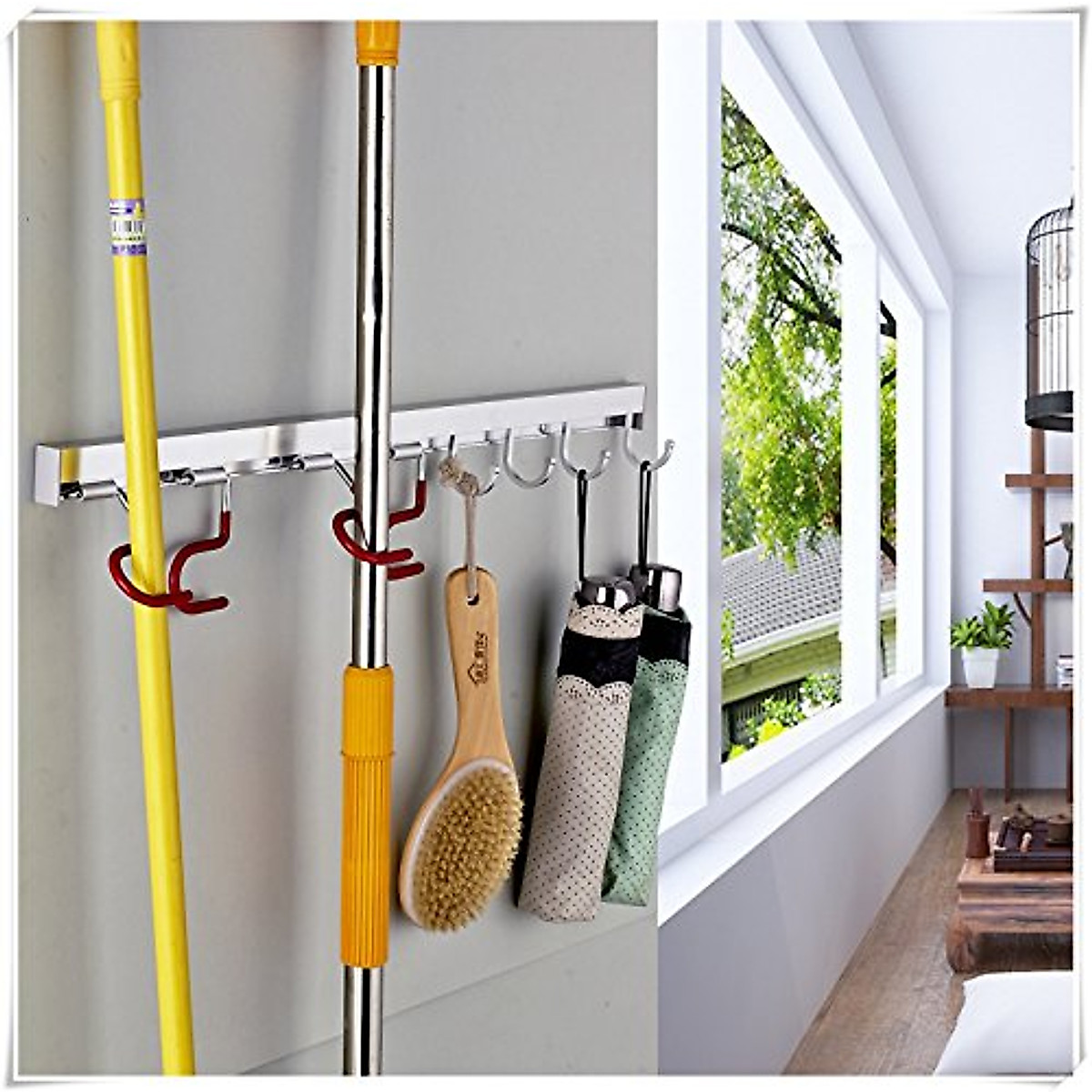 Cavoli Mop and Broom Organizer Wall Mounted, 4 Adjustable Holder and 3 Hooks,Storage Solutions for Broom Holders, Metal and Easy Clean