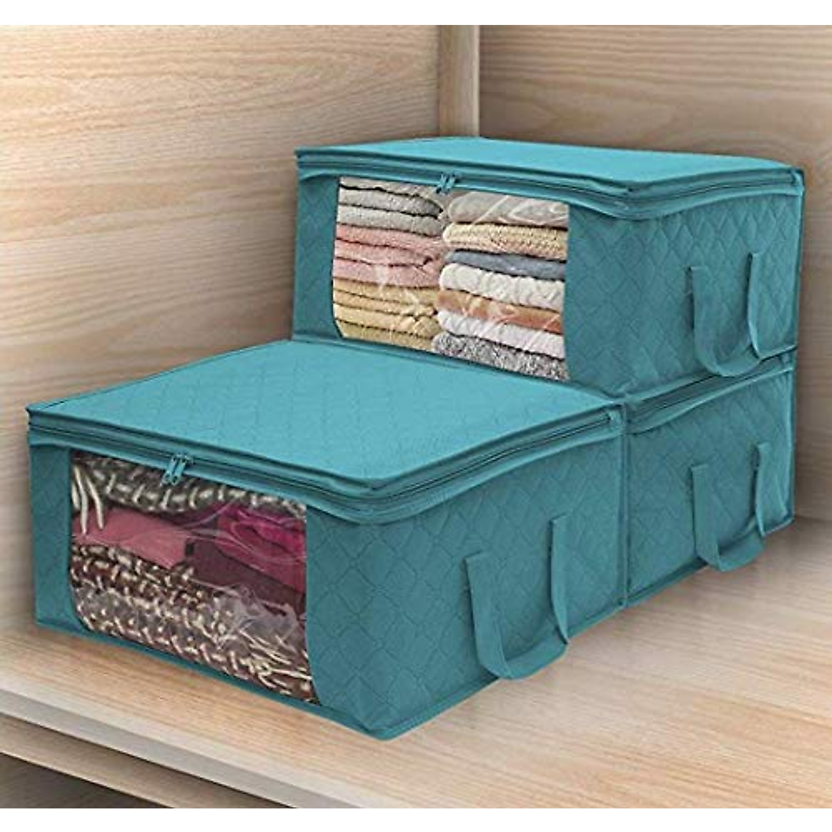 MMLL 3-Pack Fabric Clothes Storage Boxes, Bedding Large Storage Bags, Underbed Clothing Storage Box, Zipper Foldable Drawer Organizer, Used for Clothes, Blankets, Closets,19" L X 14" W X 8" H (Blue)