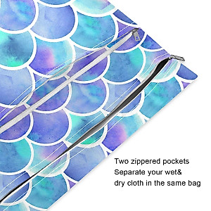 AUUXVA Wet Dry Bags Set Blue Purple Mermaid Scale,Cloth Diaper Wet Bag Waterproof Reusable with Two Zippered Pockets for Travel Beach Pool Swimsuits Wet Clothes,2pcs