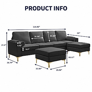 ijuicy U-Shaped Convertible Sectional Sofa Couch,115" Linen Fabric Modular Sofa Set/6 Seater Sofa with Movable Storage Ottomans,Storage Armrest,Pillows and Cup Holders for Living Room(Dark Grey)