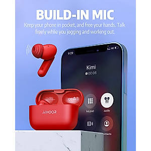 AIHOOR Wireless Earbuds for Music and Sports, Bluetooth 5.3 in-Ear Headphones with Extra Bass Built-in Mic Touch Control 30hr Battery Earphones, Waterproof (Red)