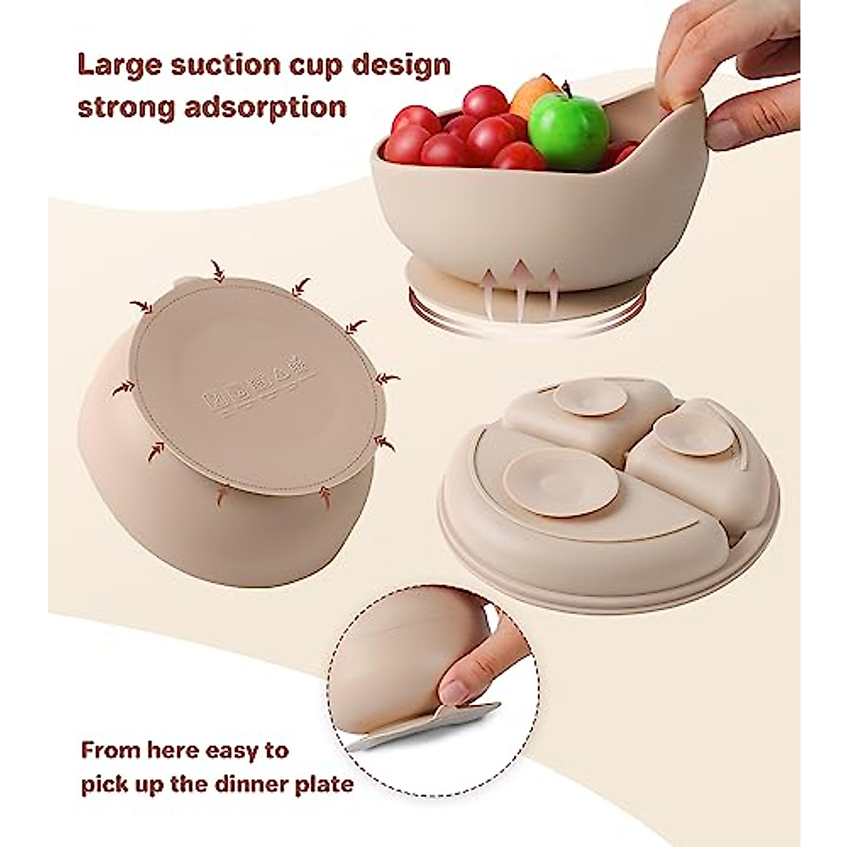 ECLIP Silicone Baby Feeding Set, 10 Pcs Baby Led Weaning Supplies with Suction Bowl Divided Plate Adjustable Bib Soft Spoon Fork Snack Cup with Lid Drinking Cup, Utensil (Beige)