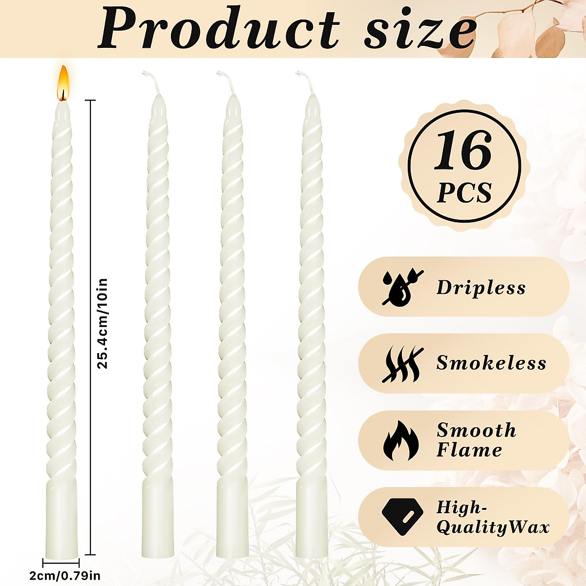 Dyrfolm 16 PCS Spiral Taper Candles,White Spiral Candle,10 Inch Twisted Taper Candles,Unscented Twisted Candlesticks,Dripless Long Candle Sticks for Wedding,Party,Dinner and Home Decoration