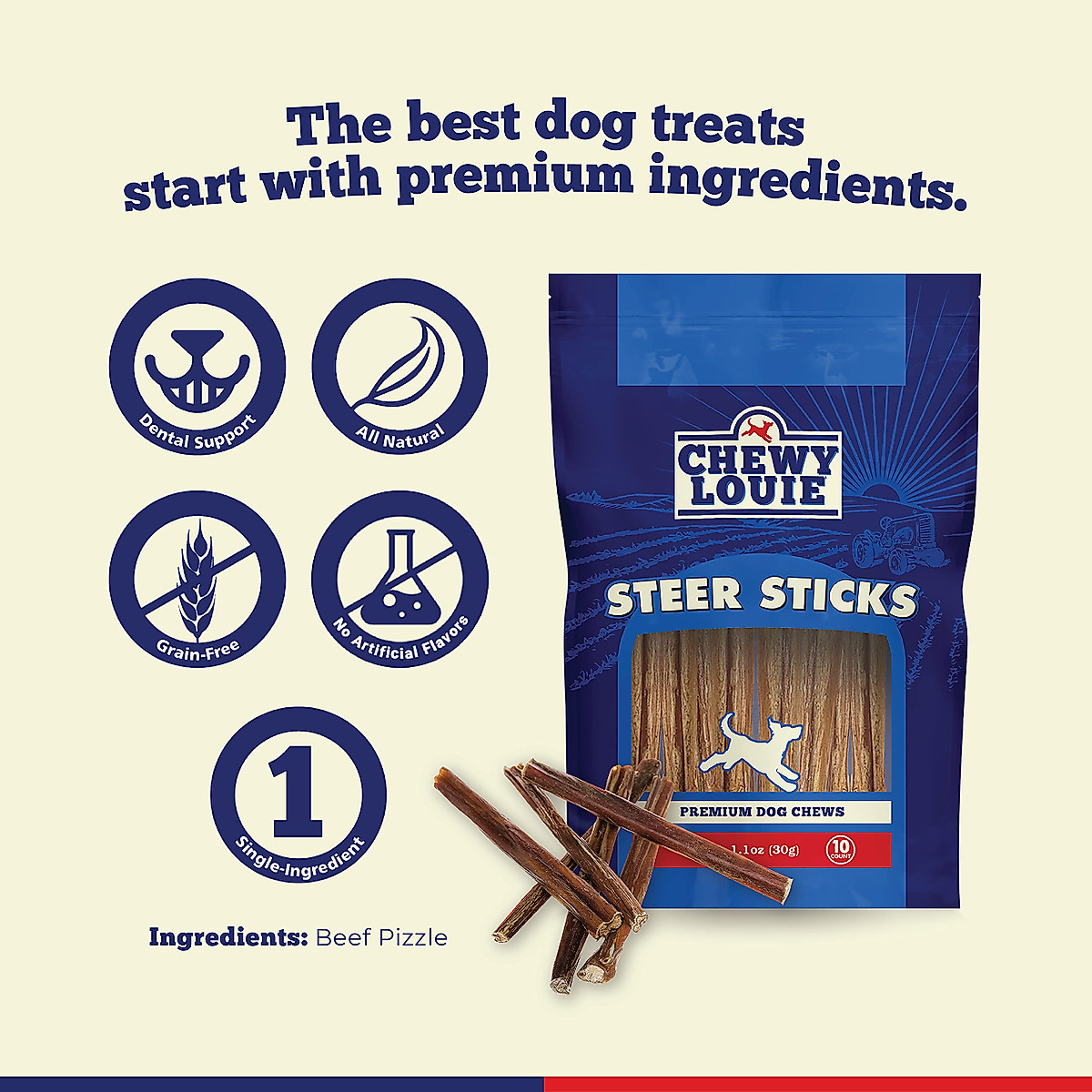 CHEWY LOUIE 5" Steer Sticks - 100% Beef Treat, No Artificial Preservatives, Colors, or Flavors. Tough, Long-Lasting, and Dental Support Dog Treats.