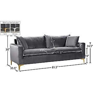 Meridian Furniture Naomi Collection Sofa With Stainless 1 Modern | Contemporary Velvet Upholstered Stainless Steel Base in a Rich Gold or Chrome Finish, Grey