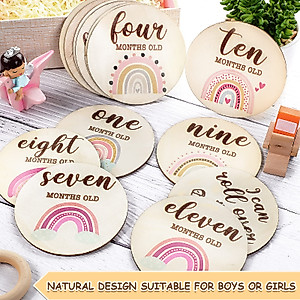 13 Pieces Baby Monthly Milestone Wooden Cards Boho Rainbow Double Sided Printed Milestone Discs Wood Gift Photo Prop Discs Sets Birth Announcement Sign for Baby Shower Newborn