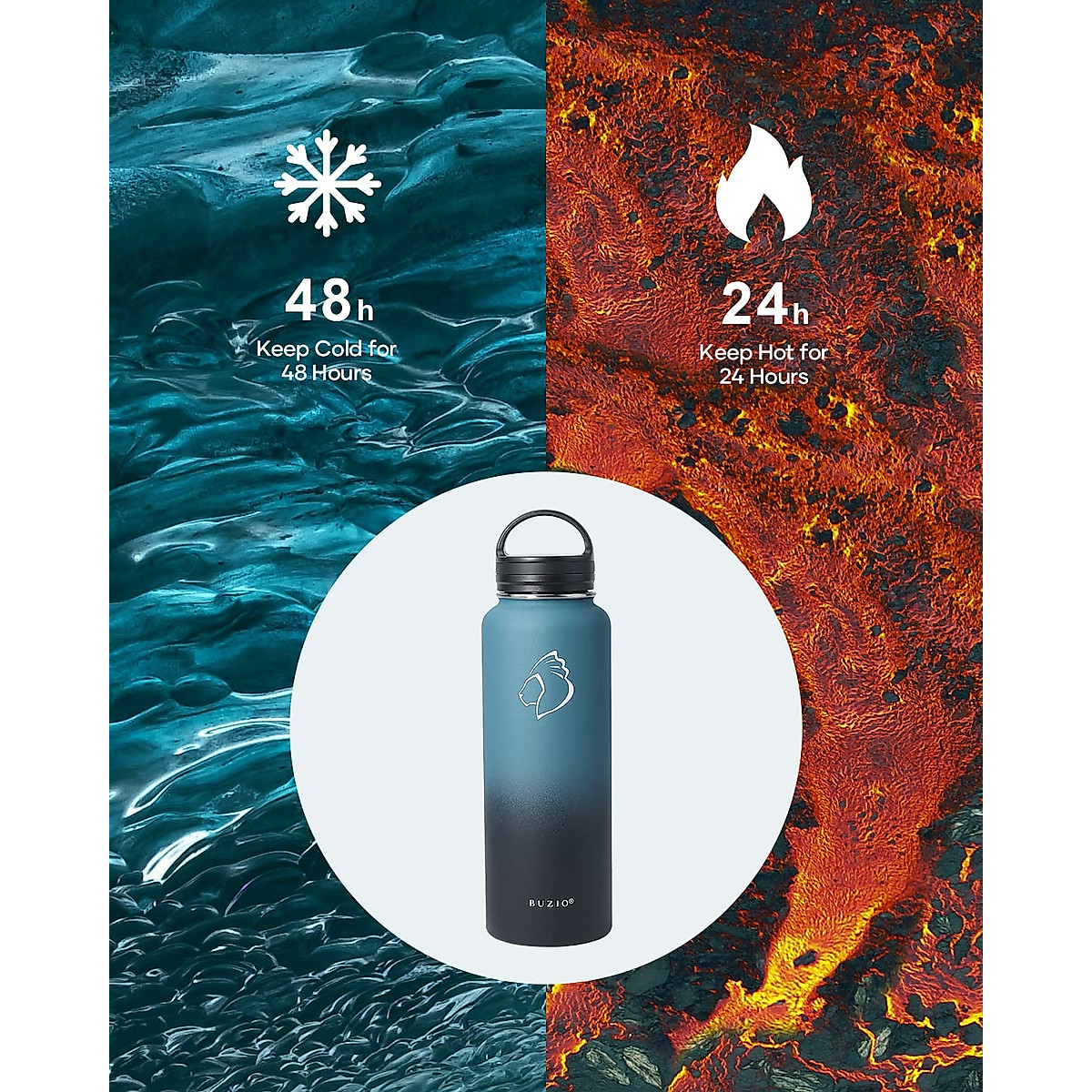 BUZIO 40oz Water Bottle, Stainless Steel Insulated Water Flask with Straw Lids, Canteen Metal Thermo Mug Hydro Cup Jug, Double Vacuum Hot Cold Water Bottles with Carrying Pouch, Indigo Black Gradient