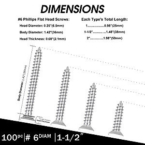 White Head 100 PCS #6X1-1/2(1.5 inch) Stainless Steel Phillips Flat Head Wood Screws,Stainless Steel 18-8 A2(304) Screw,Home Screw Kit by QISHENG
