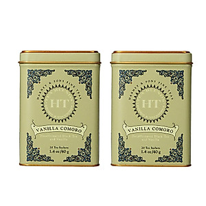 Harney & Son's Vanilla Comoro Tea Tin 20 Sachets (1.4 oz ea, Two Pack) - Decaf Black Tea Blend with Vanilla - 2 Pack 20ct Sachet Tins (40 Sachets)