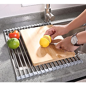 Over The Sink Dish Drying Rack, RidRed Roll up dish rack, High temperature resistance Kitchen Rolling Dish Drainer, Stainless Steel Sink Drying Rack, Foldable Dish Drainer, Gray (17.5 x 11.8)