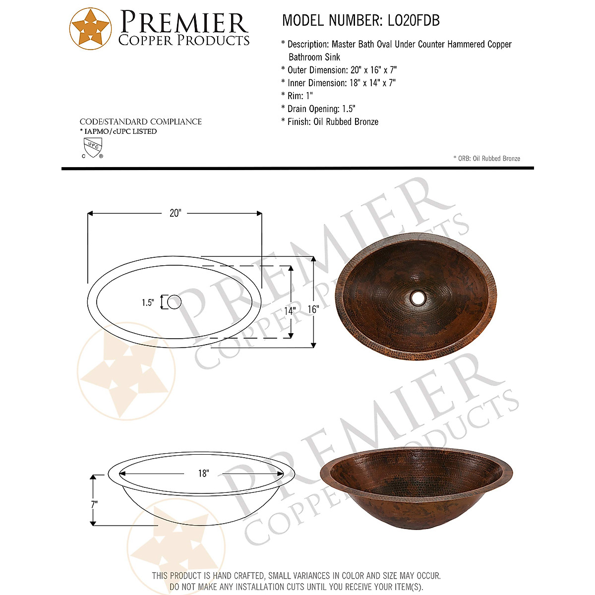 Premier Copper Products LO20FDB 20-Inch Master Bath Oval Under Counter Hammered Copper Bathroom Sink, Oil Rubbed Bronze