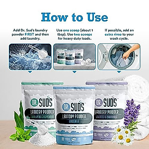 Dr Suds Laundry Powder Variety Bundle 3 Pack 192 Ounces Total Three 64 Oz Pouches Scented with Lavender and Eucalyptus Plus Unscented Variant Made in USA