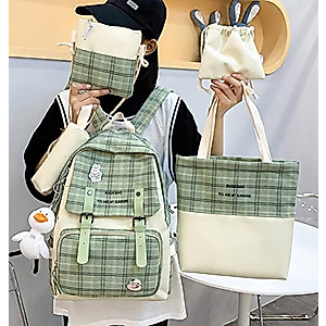 DAHUOJI 5Pcs Kawaii Backpack Set with Badge & Duck Pendant,Japanese Aesthetic Check Bookbag for Girls Cute Plaid School Bags Comes with Tote Bag,Shoulder Bag,Pencil Box,Small Bag(Green,16in)