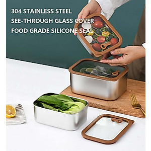 GRFELI Stainless Steel Food Storage Containers, Bento Lunch Box Leak Proof with Silicone Glass Cover,Kitchen Containers - Set of2 (600ml,1200ml), Dishwasher Safe - Plastic Free (Glass)