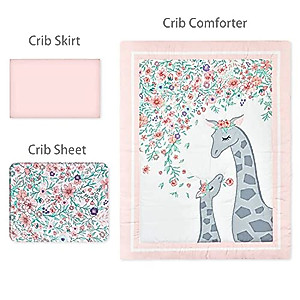 Yolent Baby Girl Crib Bedding Sets Crib Set for Girls Mini Floral Nursery Crib Bedding Sets 3 Piece Pink and Grey Princess Crib Bedding Set