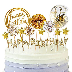 BEAN LIEVE Birthday Candles Set - Cake Topper Decoration with Cake Candles Confetti Balloon Stars and Fan Cupcake Toppers 12 Pieces Birthday Cake Decor for Birthday Party Celebration (Gold)