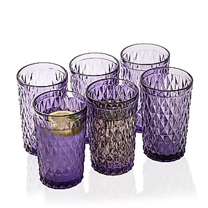 EVEREST GLOBAL Purple Highball Drinking Glasses set of 6 Colored Glass cups 11oz Embossed with Geometric Diamond Pattern Solid Color Vintage Water for Tea Juice and More