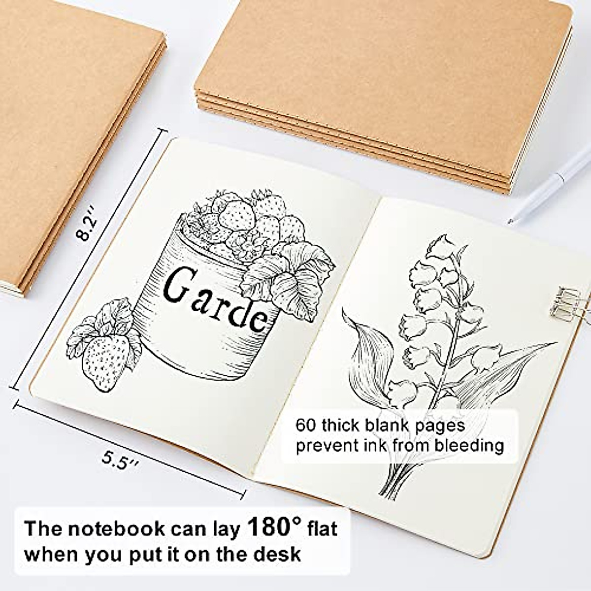 8 Pack Blank Kraft Notebooks, Feela Unlined Sketchbook Note Pad Travel Journal for Drawing Doodling Writing, Journal Bulk For Women Kids Students Office School Supplies, A5, 60 Pages, 8.3” X 5.5”