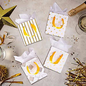 Plauthus 16 Pack Mini Gift Bags with Handles & Tissue Paper, Cute Assorted Pattern Small Gift Bags for Christmas, Holiday, Wedding, Baby Shower, Birthday Party (Gold & White-4.5” x4” x2.75”)