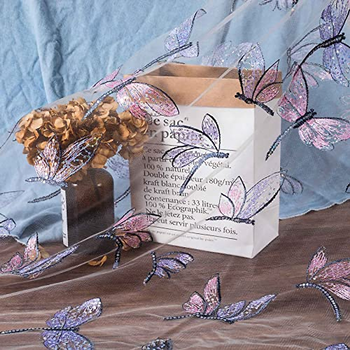 PAGOW Embroideries Tulle Mesh Sequined Fireflies Lace Fabric for Lady Dresses Costume for Table Cloth DIY Crafts Curtain Home Vintage Decor (Grey)