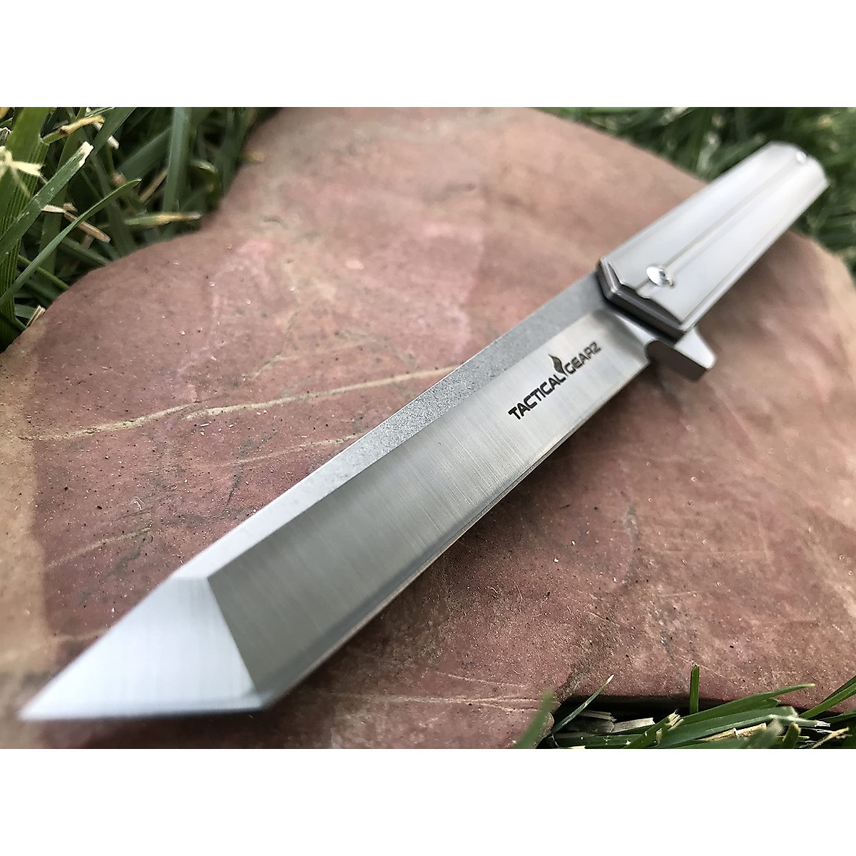 TACTICAL GEARZ Premium Titanium EDC Pocket Knife! Solid Tc4 Titanium Handle! D2 Steel Tanto Blade! Includes Sheath! Seren (Platinum)