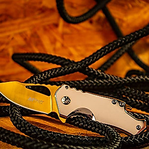 MTech USA – Spring Assisted Folding Knife – Gold TiNite Coated Fine Edge Blade, Mirror Polished Stainless Steel Handle, Bottle Opener, Pocket Clip, Tactical, EDC, Self Defense- MT-A882SGD