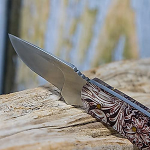 WHISKEY BENT HAT CO. Mini Skinner 440 Steel Fixed Blade Knife w/Leather Sheath (Tooled Leather)