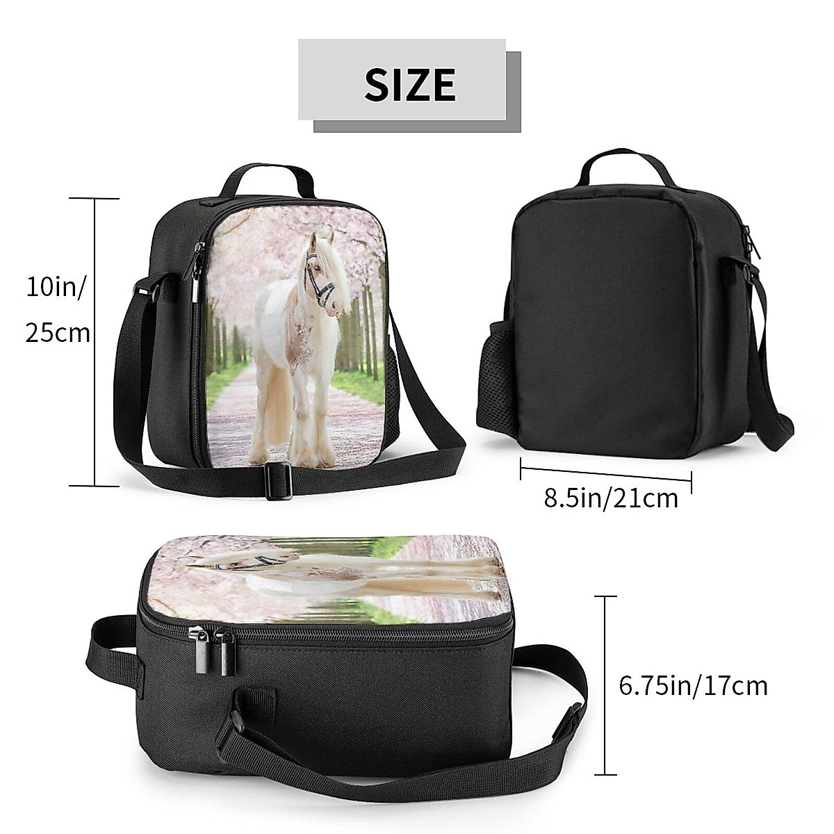 PrelerDIY White Horse Lunch Box - Insulated Lunch Box for Kids with Side Pocket & Shoulder Strap Lunch Bag, Perfect for School/Camping/Hiking/Picnic/Beach/Travel