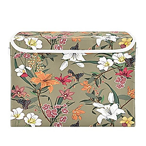 Colorful Flowers Storage Basket 16.5x12.6x11.8 In Collapsible Fabric Storage Cubes Organizer Large Storage Bin with Lids and Handles for Shelves Bedroom Closet Office