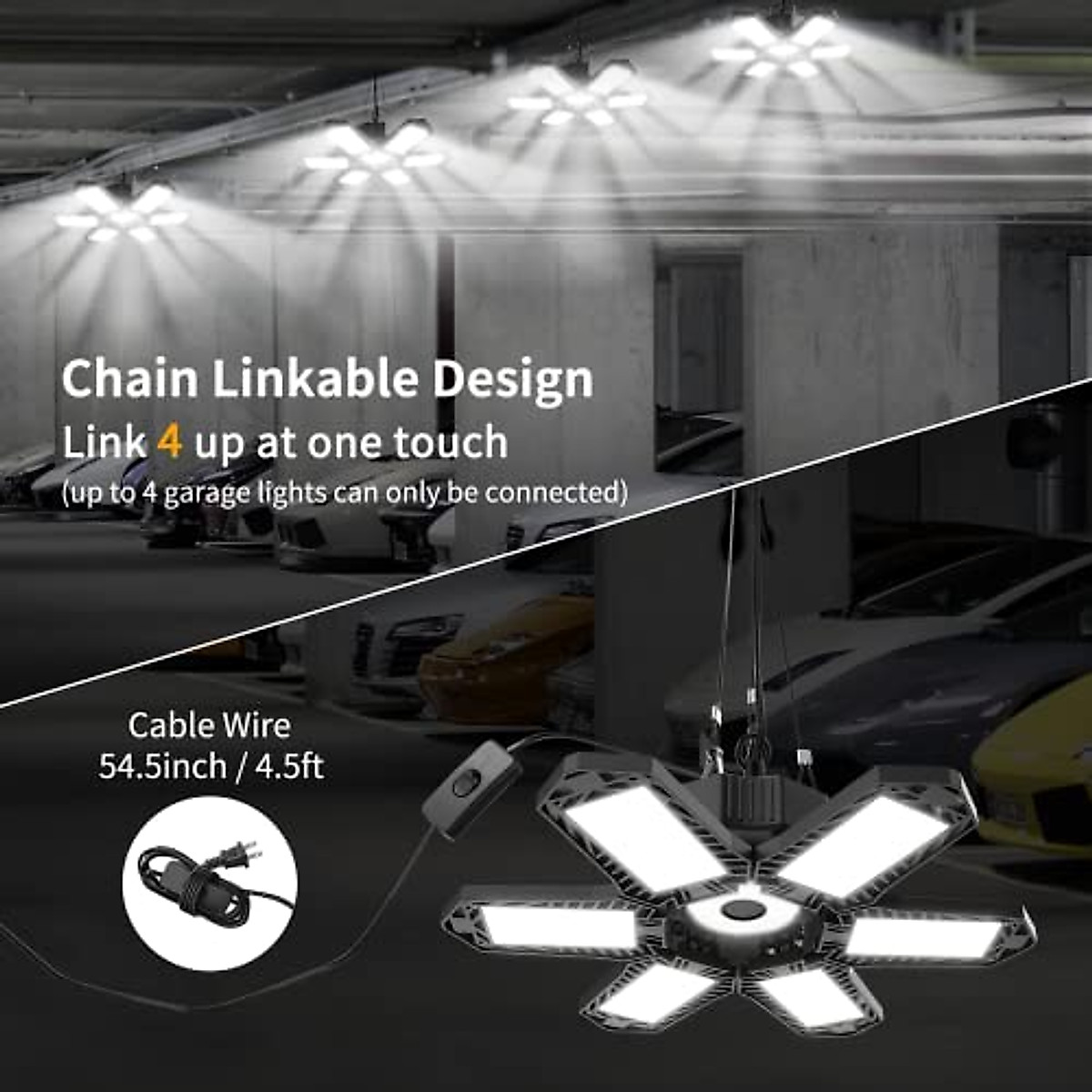 LED Garage Light with 6 Adjustable Panels, 16000 LM Plug in Linkable LED Shop Light, 160W 6500K Deformable Garage Lights Ceiling Led Light Fixtures with Built-in ON/Off Switch(1 Pack)