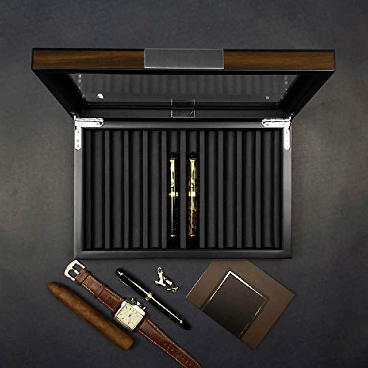 Lifomenz Co Wood Pen Display Box 10 Pen Organizer Box,Glass Pen Display Case Storage Box with Lid,Top Glass Window Pen Collection Display Case