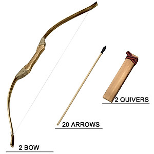 2 Pack Wooden Bow and Arrow Set for Kids, 2 Bows 2 Quivers and 20 Wood Arrows, 32 Inch Handmade Archery Set Outdoor and Indoor Games Toys, Gifts for Kids Youth Boys and Girls