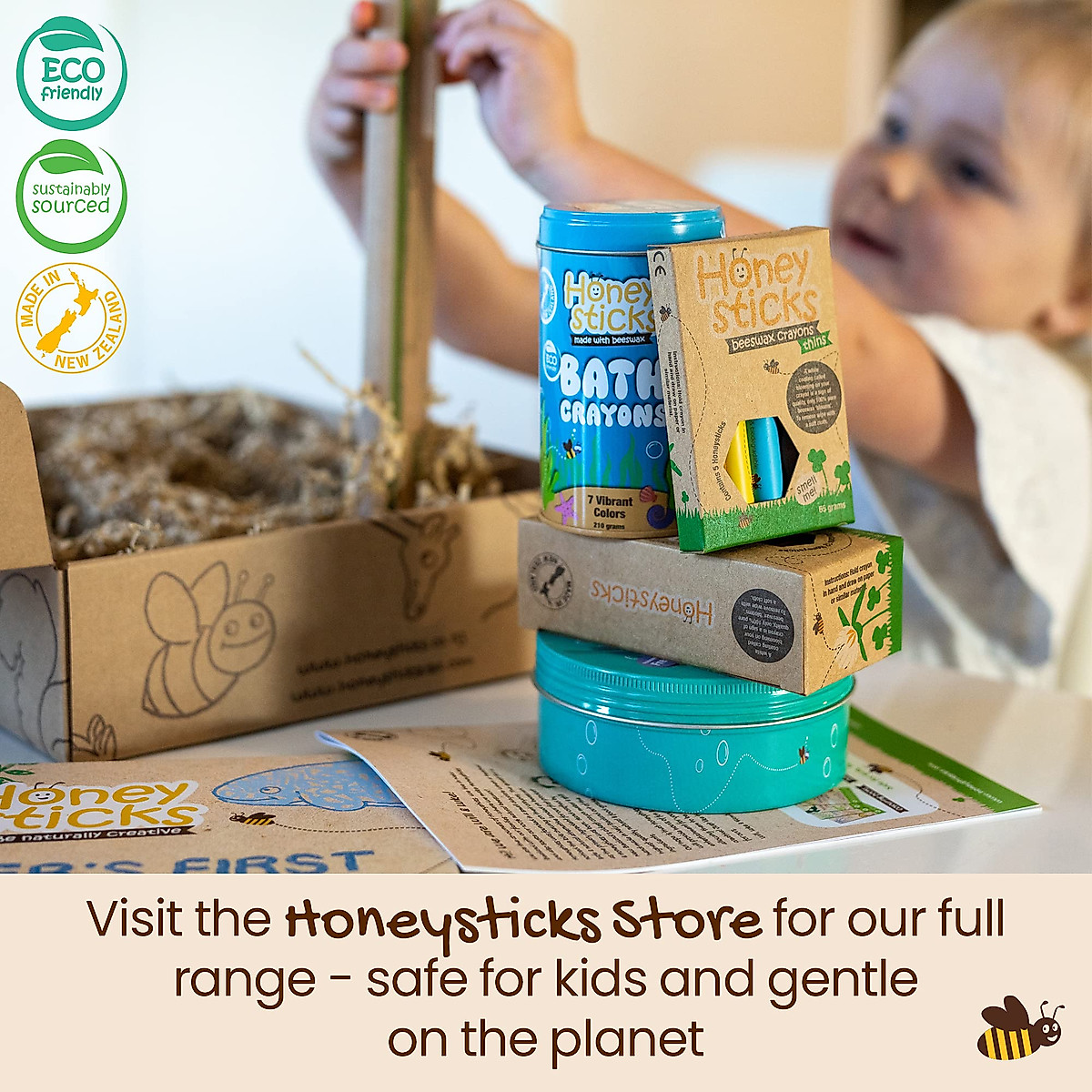Honeysticks 100% Pure Beeswax Crayons Natural, Non Toxic, Safe for Toddlers, Kids and Children, Handmade in New Zealand, For 1 Year Plus (12 Pack with Book) Best Gift