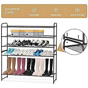 KEETDY 3-Tier Long Shoe Rack for Closet Metal Shoe Organizer for Entryway, Wide Stackable Shoe Storage Shelf with Sturdy Wire Grid for Closet Floor, Bedroom, Black