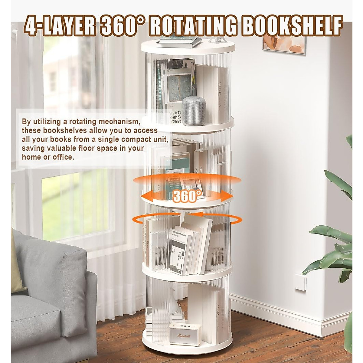 Aeovot Clear Round Rotating Bookshelf, 4 Tier Spinning Bookshelf Swivel Bookcase Tower for Kids Bedroom, Freestanding Modern White Corner Bookshelf Storage Display Rack
