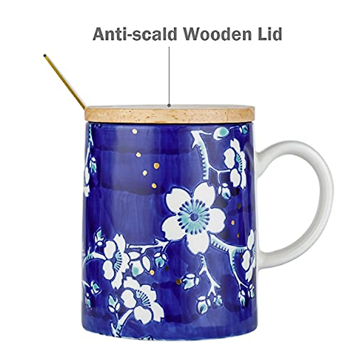 Taimei Teatime Ceramic Coffee Mug Set with Lid and Spoon, 16.9 oz Large Coffee Mug with Handpainted Cherry Blossom Pattern, Tea Cup with Lid for Home| Office, Tea Mug Gift for Women, Blue