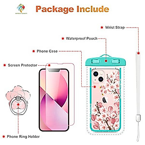 RoseParrot Designed for iPhone 13 Case with Screen Protector + Ring Holder + Waterproof Pouch, Clear with Floral Pattern Design, Soft&Flexible Bumper Shockproof Protective Cover （Fireflies）