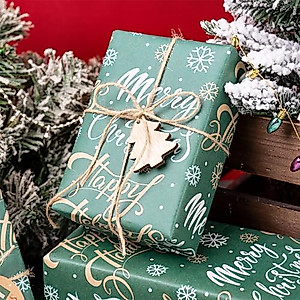 RUSPEPA Kraft Christmas Wrapping Paper Roll - Mini Roll - Green White Gold Greeting Design for Holiday Gift Wrap - 17 Inches X 32.8 Feet