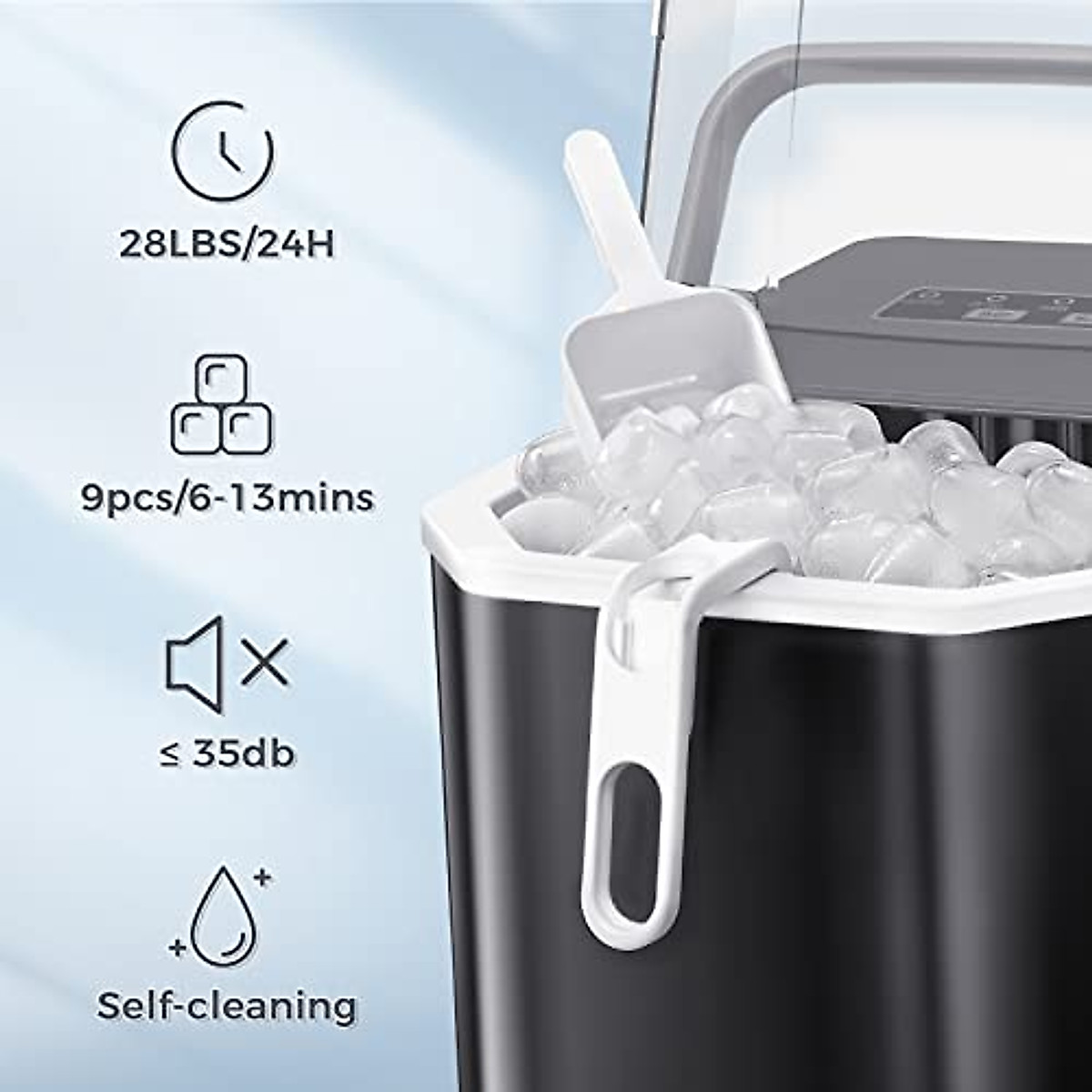 Antarctic Star Countertop Ice Maker, S/L Bullet Ice, 26lbs/Day, 9 Ice Cubes in 6 Mins, Portable Ice Machine with Ice Scoop and Handle, Self-Cleaning, One-Click Operation, for Kitchen Office Home Black