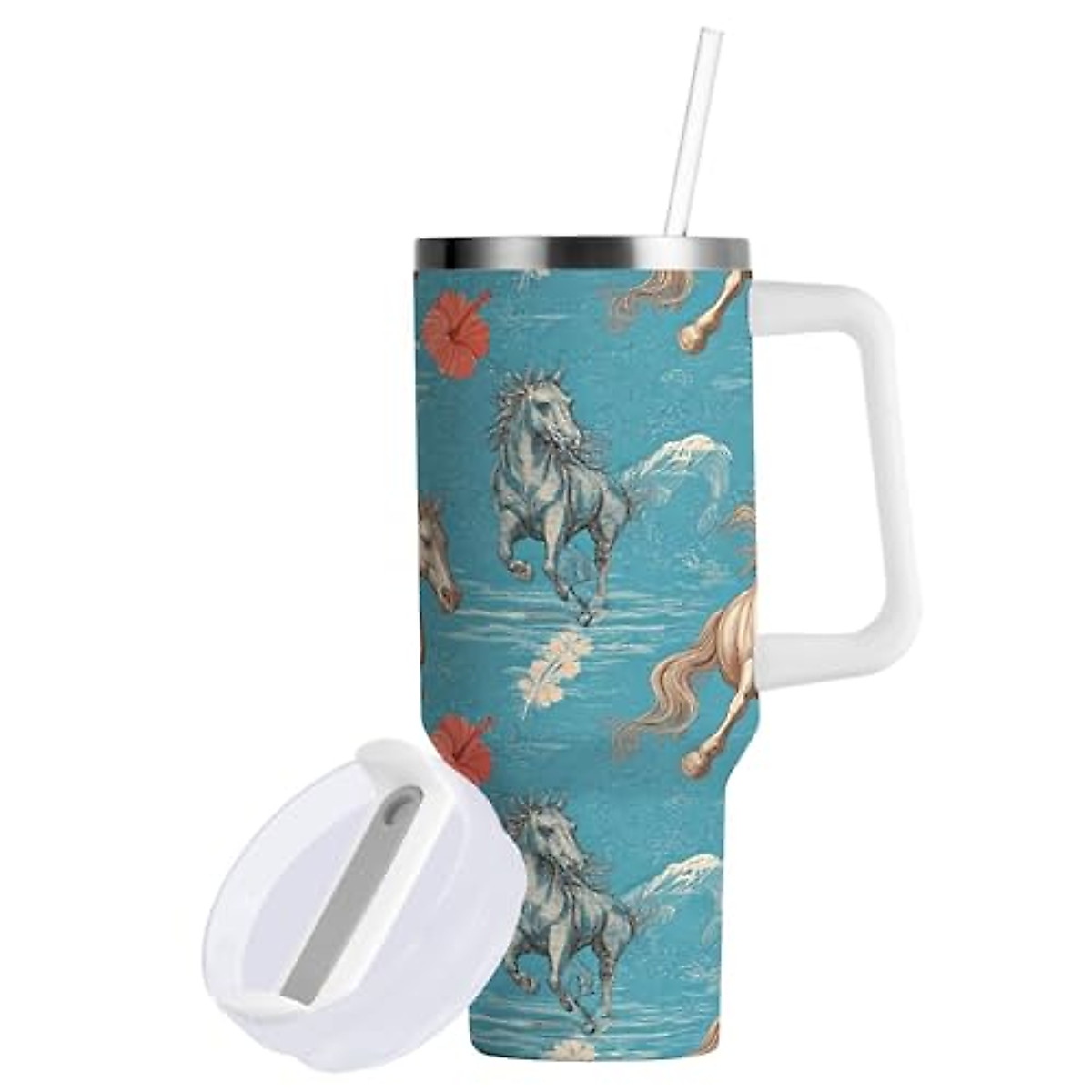 Burbuja Running Horses Hibiscus 40oz Insulated Tumblers with Handle and Straw Lid, Double Wall Stainless Steel Travel Mug Leak-Proof, BPA Free, Gift for Mom Dad